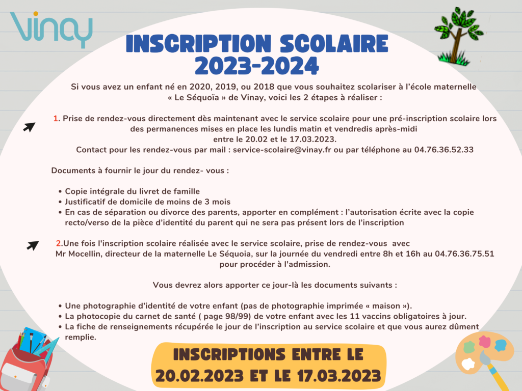 Inscription scolaire 2023-2024 - Mairie de Vinay