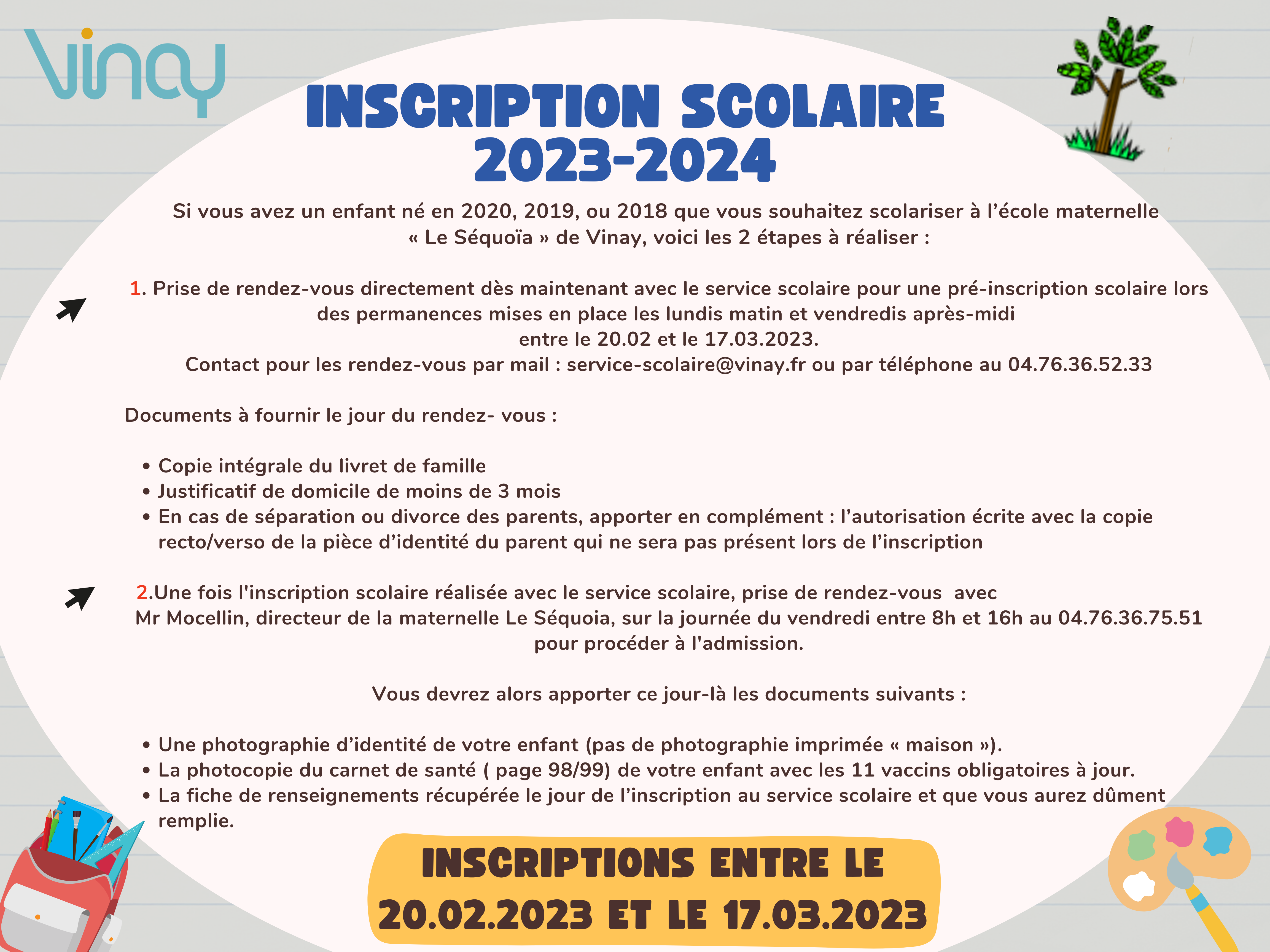 Inscription scolaire 2023-2024 - Mairie de Vinay